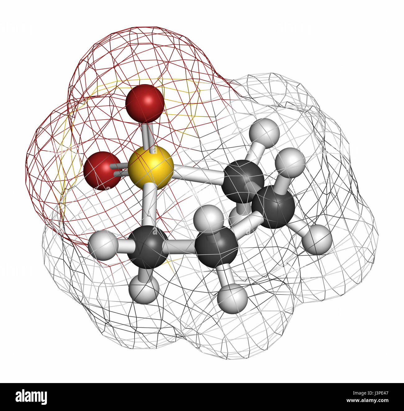 Sulfolane industrial solvent molecule. Atoms are represented as spheres ...