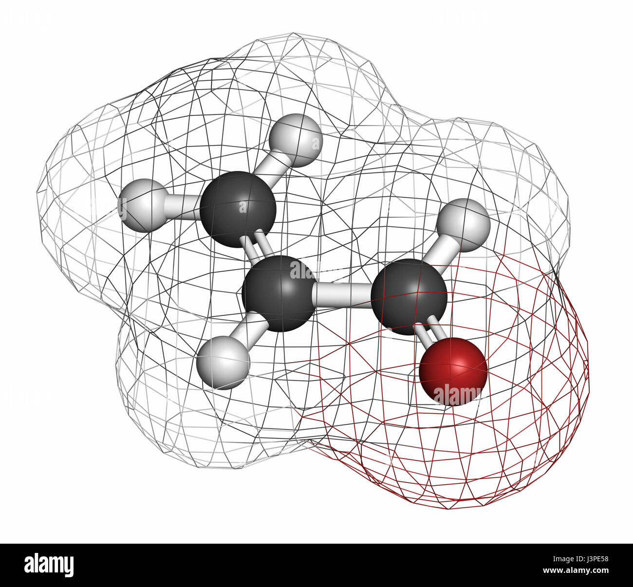 Acrolein (propenal) molecule. Toxic molecule that is formed when fat or ...