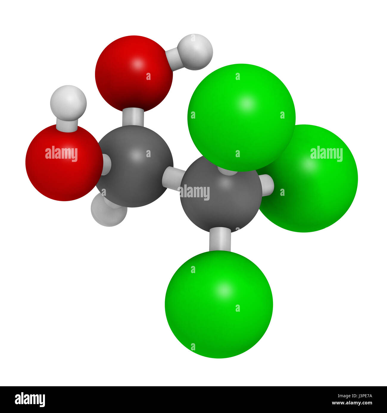 Chloral hydrate sedative and hypnotic drug molecule. Atoms are ...