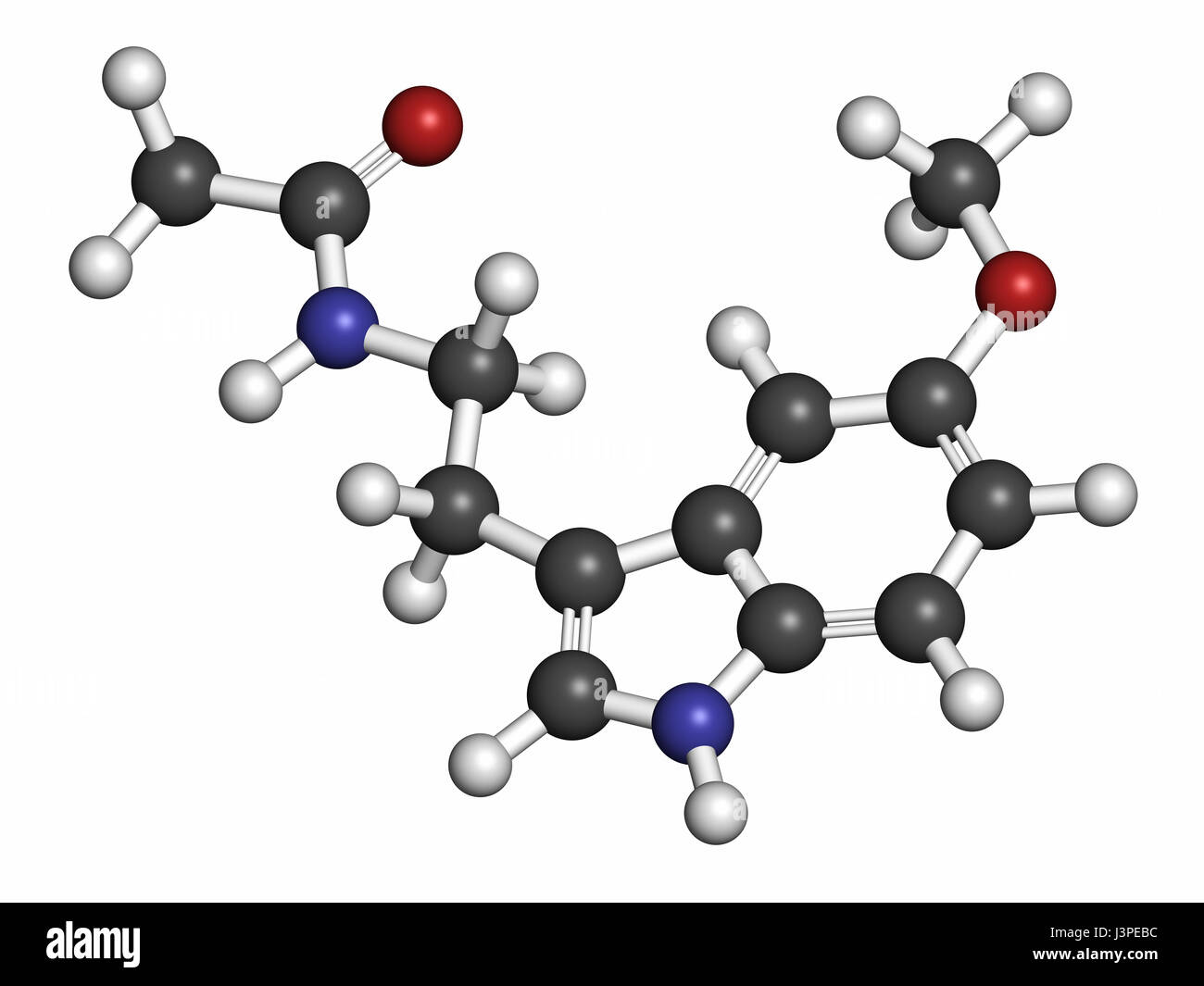 Melatonin hormone molecule. In humans, it plays a role in circadian ...