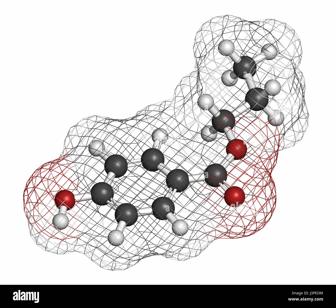 Propylparaben preservative molecule (paraben class). Atoms are ...