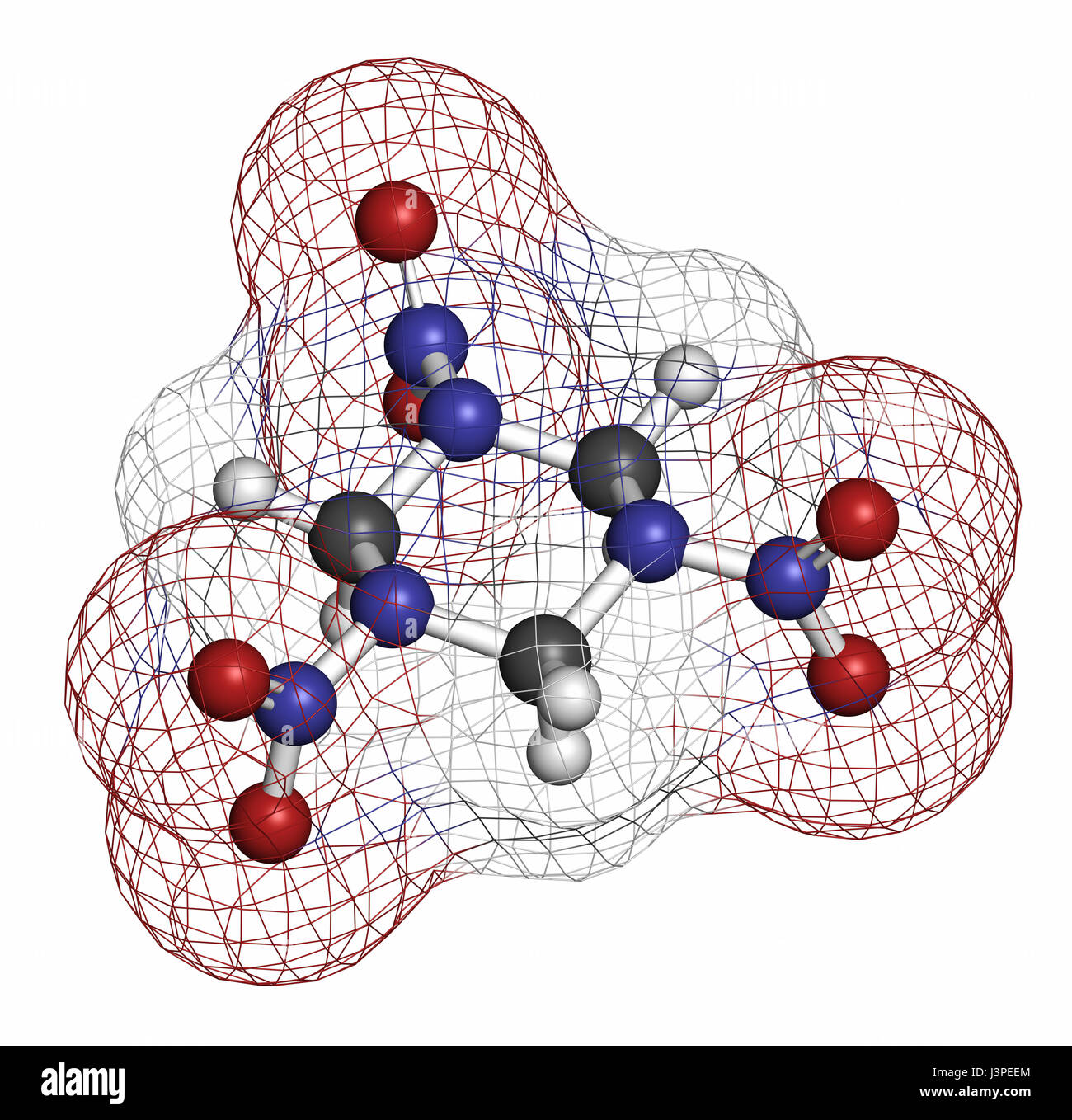 RDX (cyclotrimethylenetrinitramine) explosive molecule. Atoms are ...