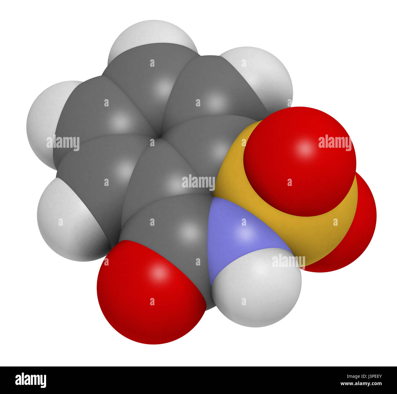Saccharin artificial sweetener molecule (sugar substitute). Atoms are ...