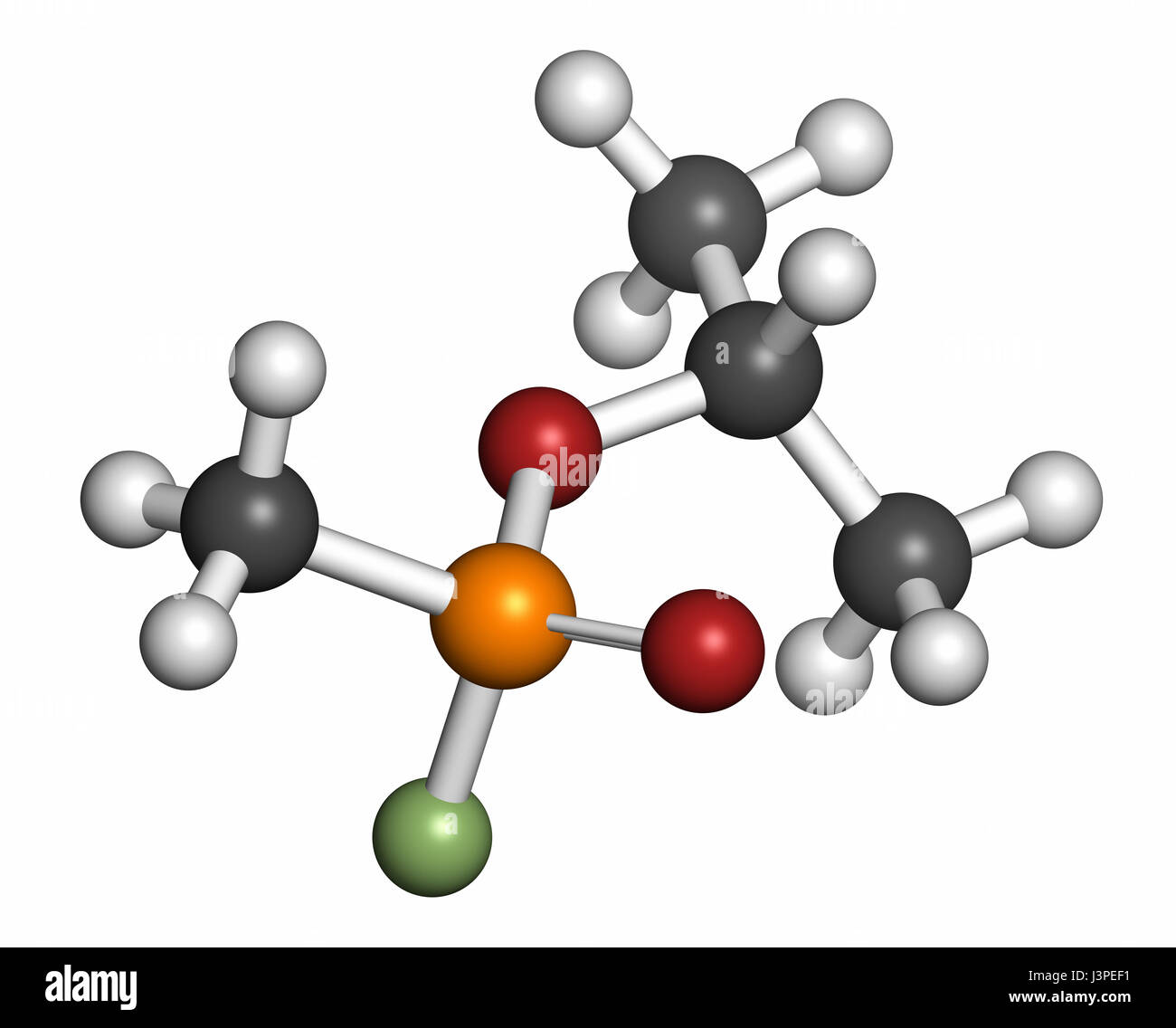 Sarin nerve agent molecule (chemical weapon). Atoms are represented as ...