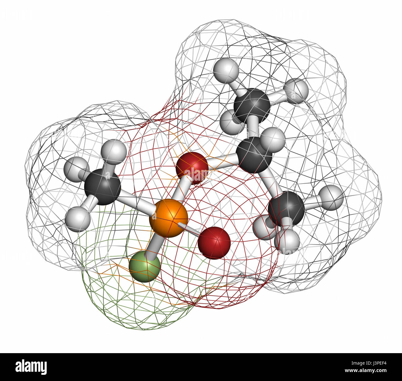 Sarin nerve agent molecule (chemical weapon). Atoms are represented as ...