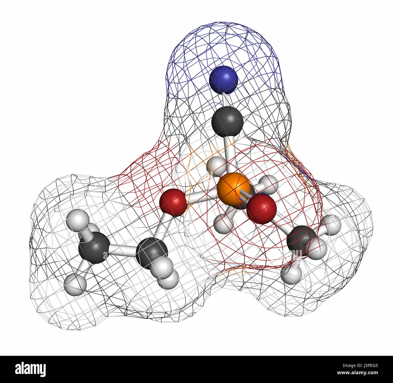 Tabun nerve agent molecule (chemical weapon). Atoms are represented as ...