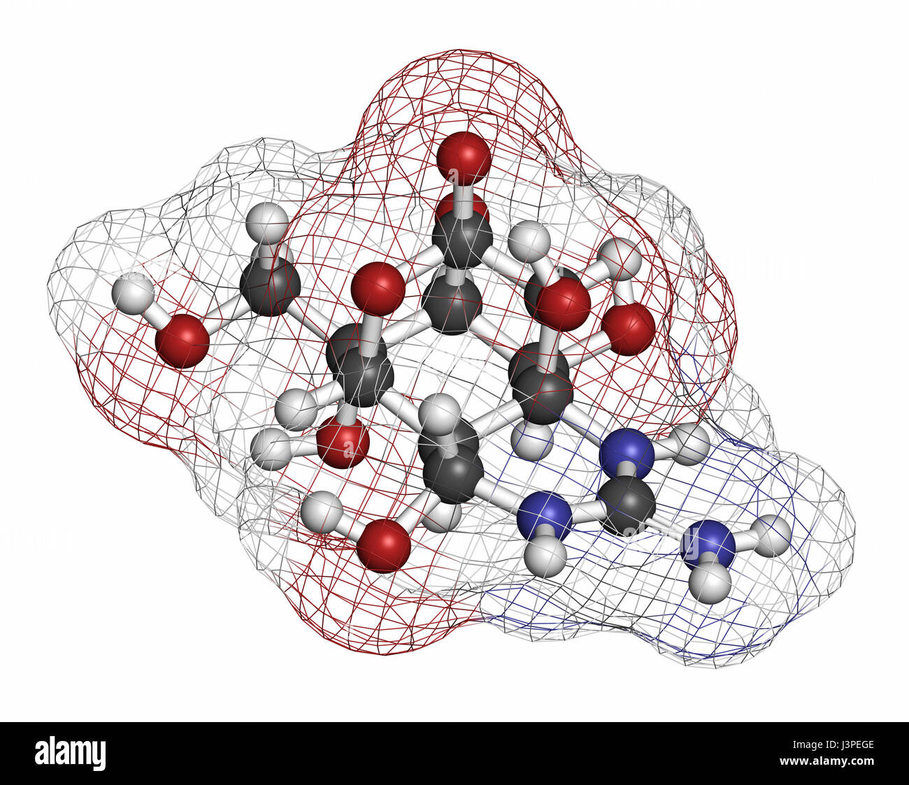 Tetrodotoxin (TTX) pufferfish neurotoxin molecule. Atoms are ...
