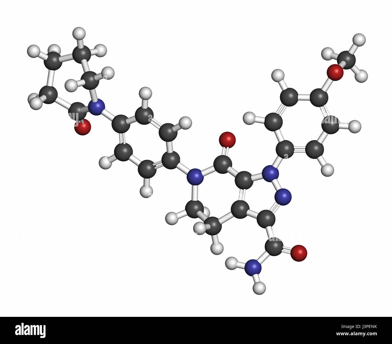 Apixaban anticoagulant drug molecule (direct FXa inhibitor). Atoms are ...
