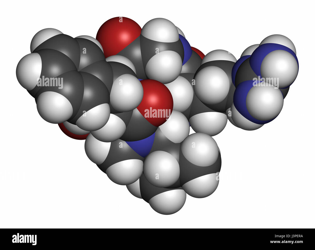 Cilengitide cancer drug molecule. Atoms are represented as spheres with ...