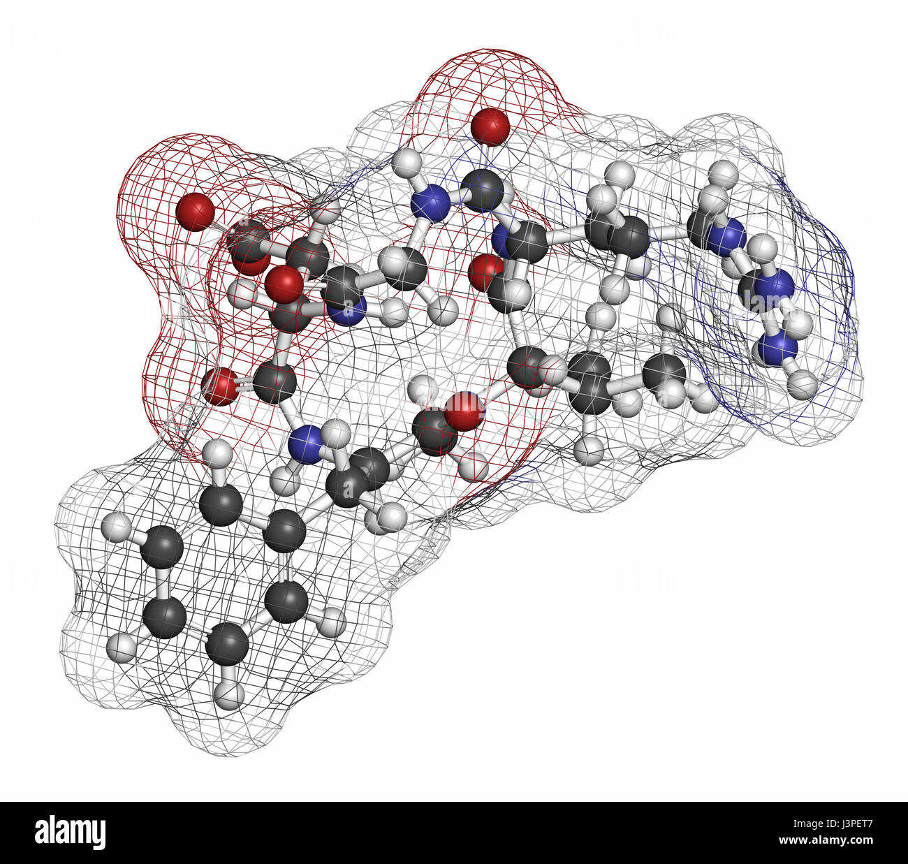 Cilengitide cancer drug molecule. Atoms are represented as spheres with ...