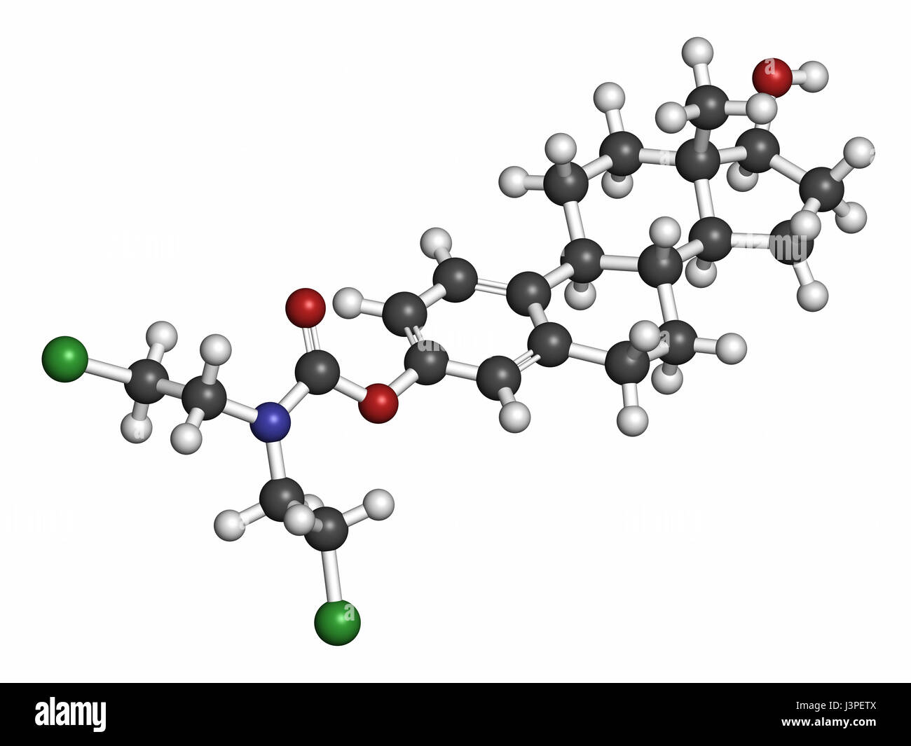 Estramustine prostate cancer chemotherapy drug molecule. Atoms are ...