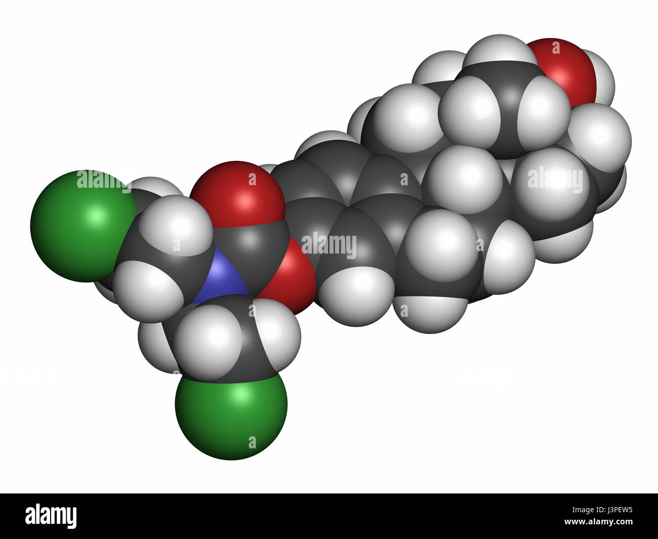 Estramustine prostate cancer chemotherapy drug molecule. Atoms are ...
