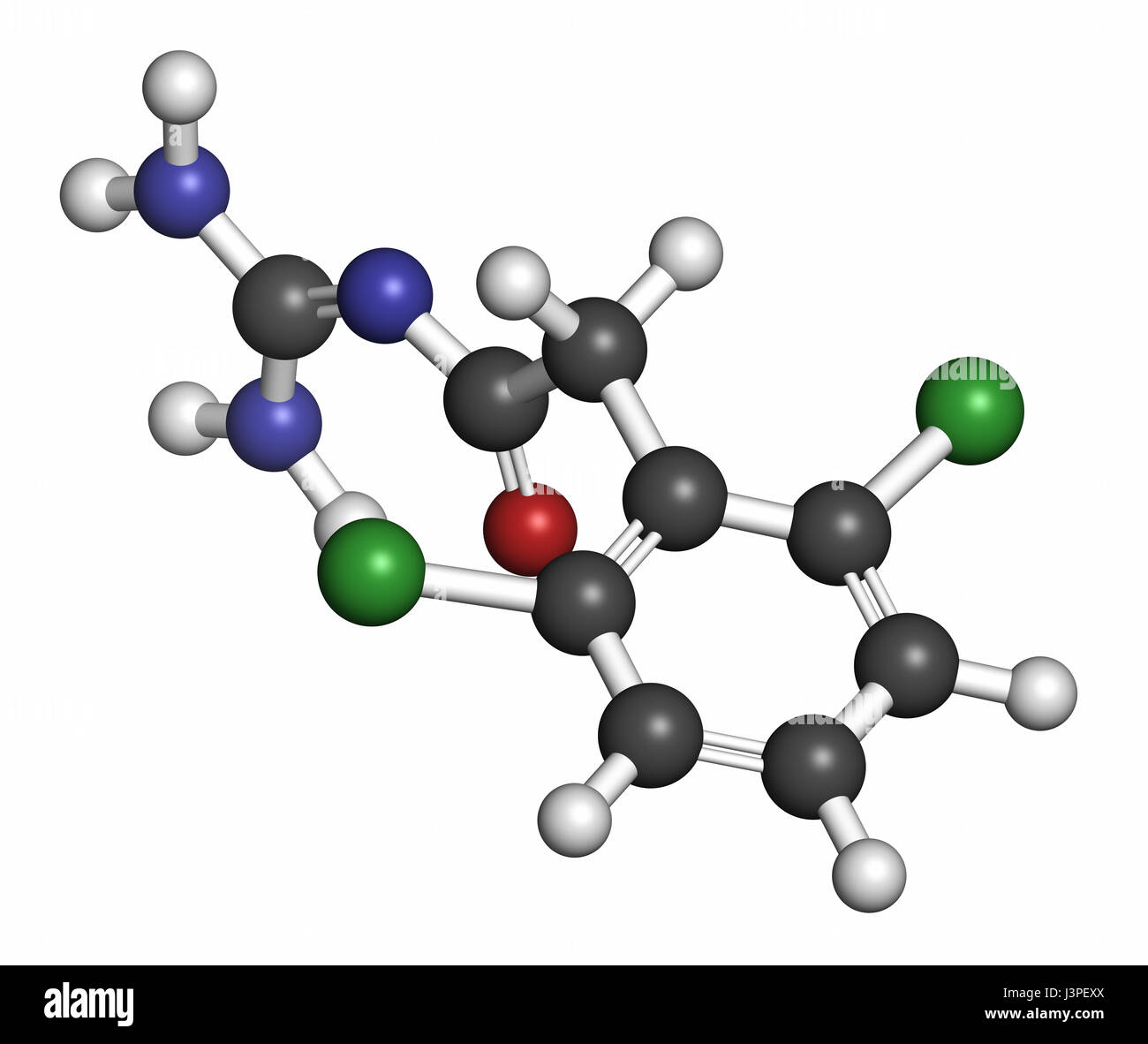 Guanfacine ADHD drug molecule. Atoms are represented as spheres with ...