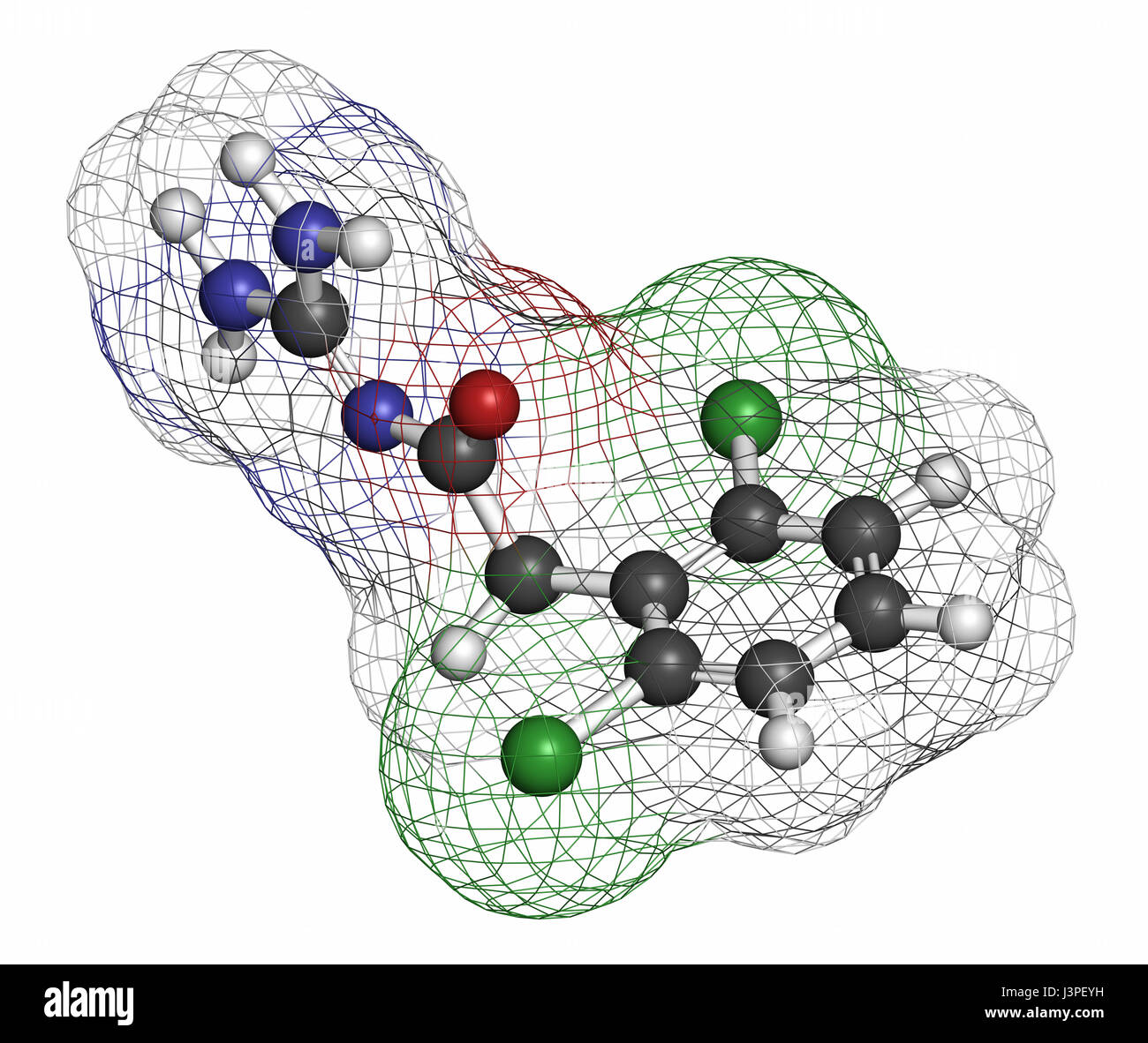 Guanfacine ADHD drug molecule. Atoms are represented as spheres with ...