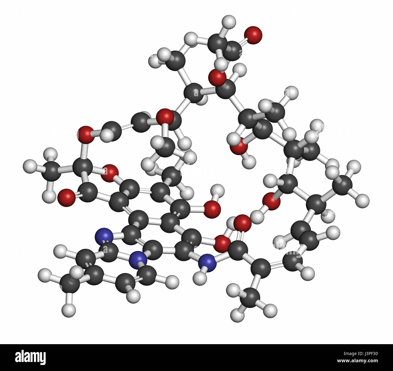 Rifaximin antibiotic drug molecule. Atoms are represented as spheres ...