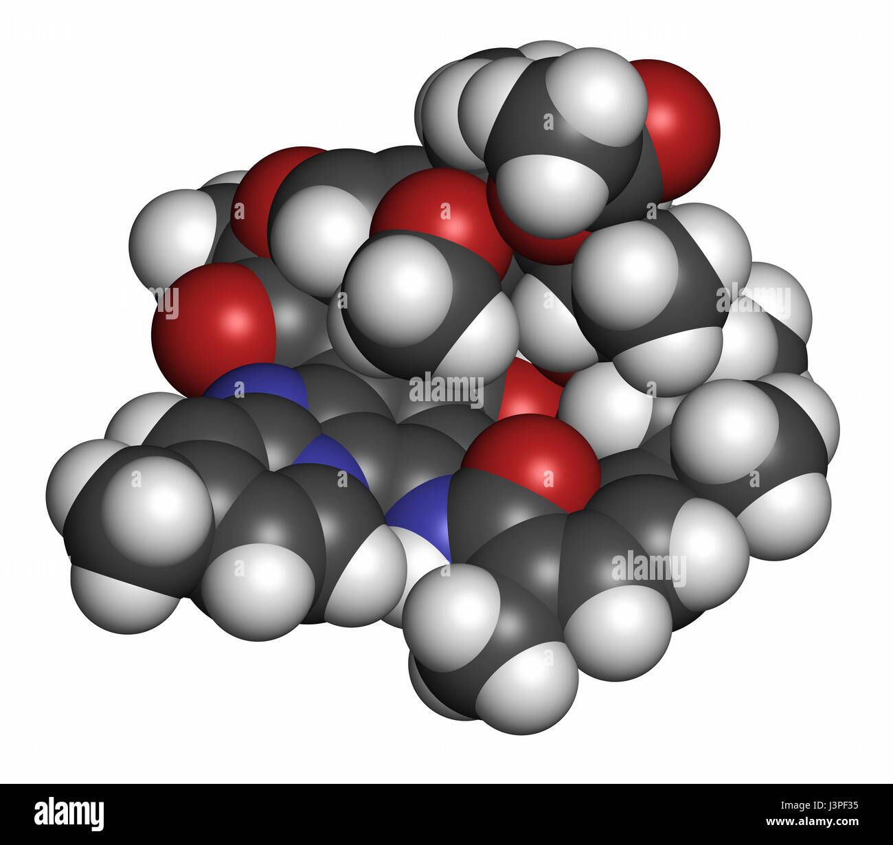 Rifaximin antibiotic drug molecule. Atoms are represented as spheres ...