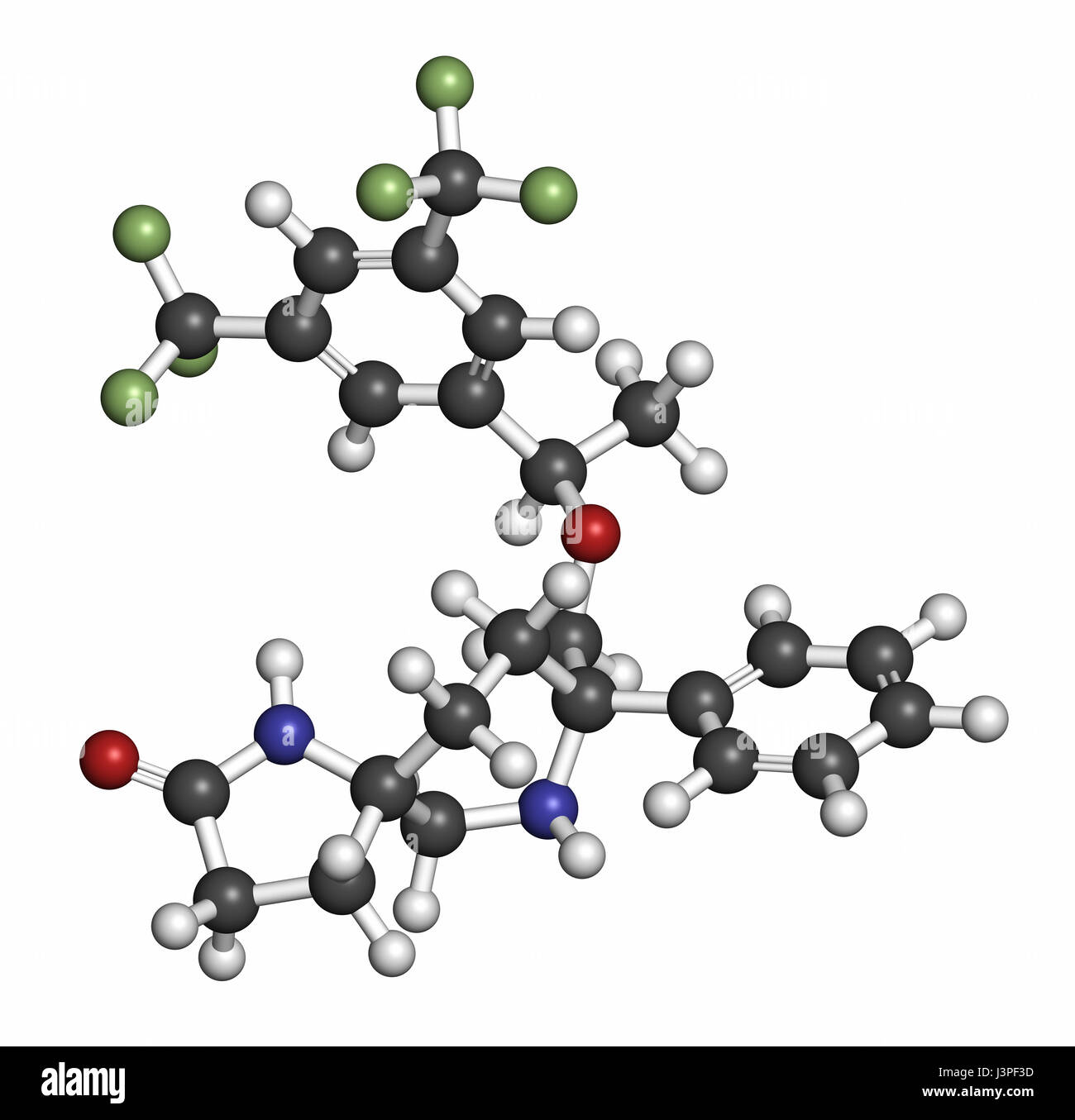 Rolapitant antiemetic drug molecule. Atoms are represented as spheres ...