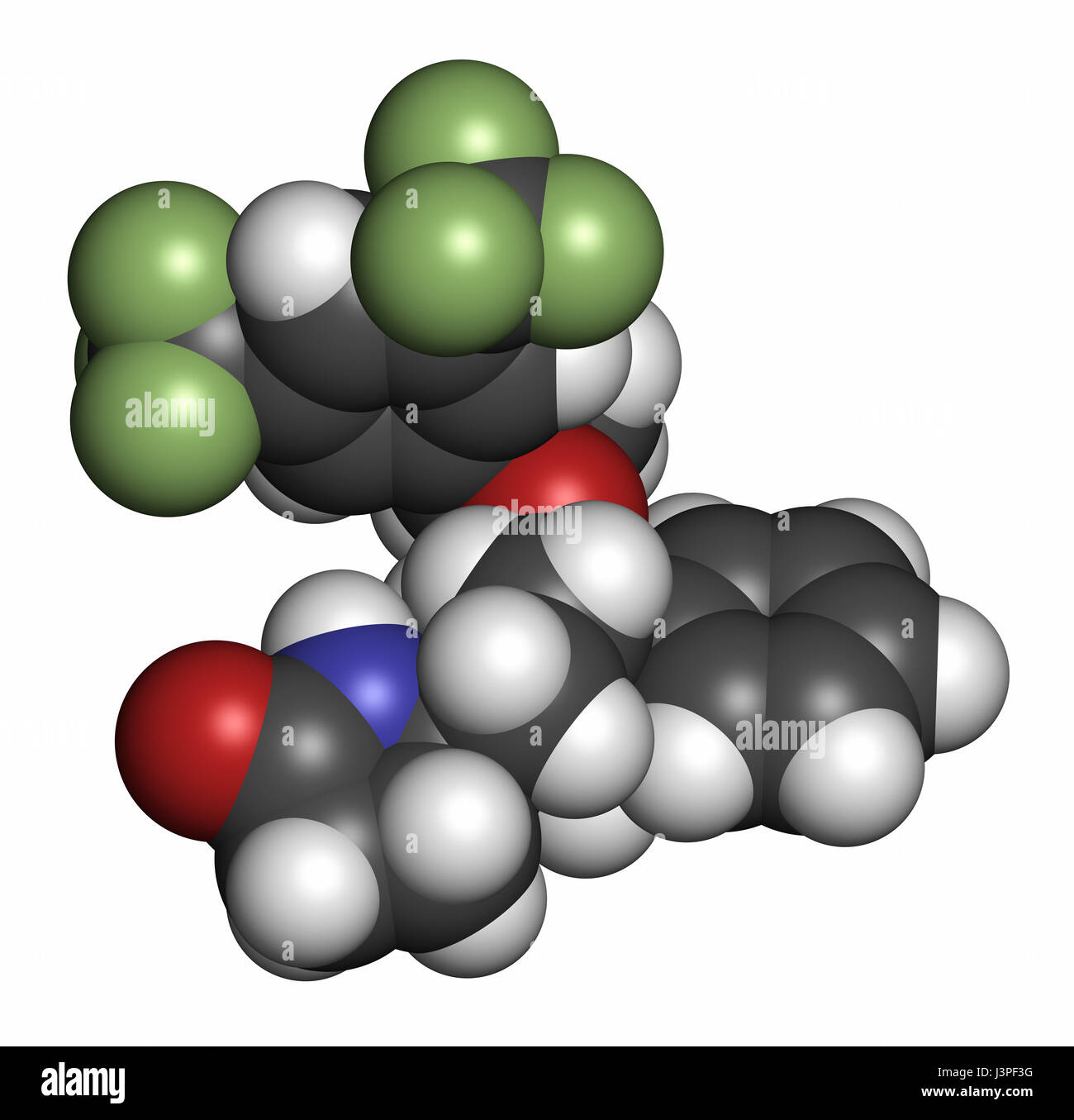 Rolapitant antiemetic drug molecule. Atoms are represented as spheres ...