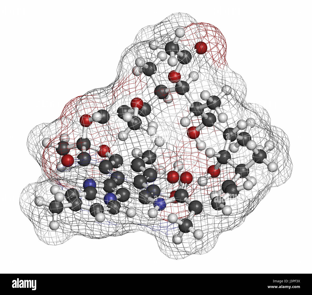 Rifaximin antibiotic drug molecule. Atoms are represented as spheres ...