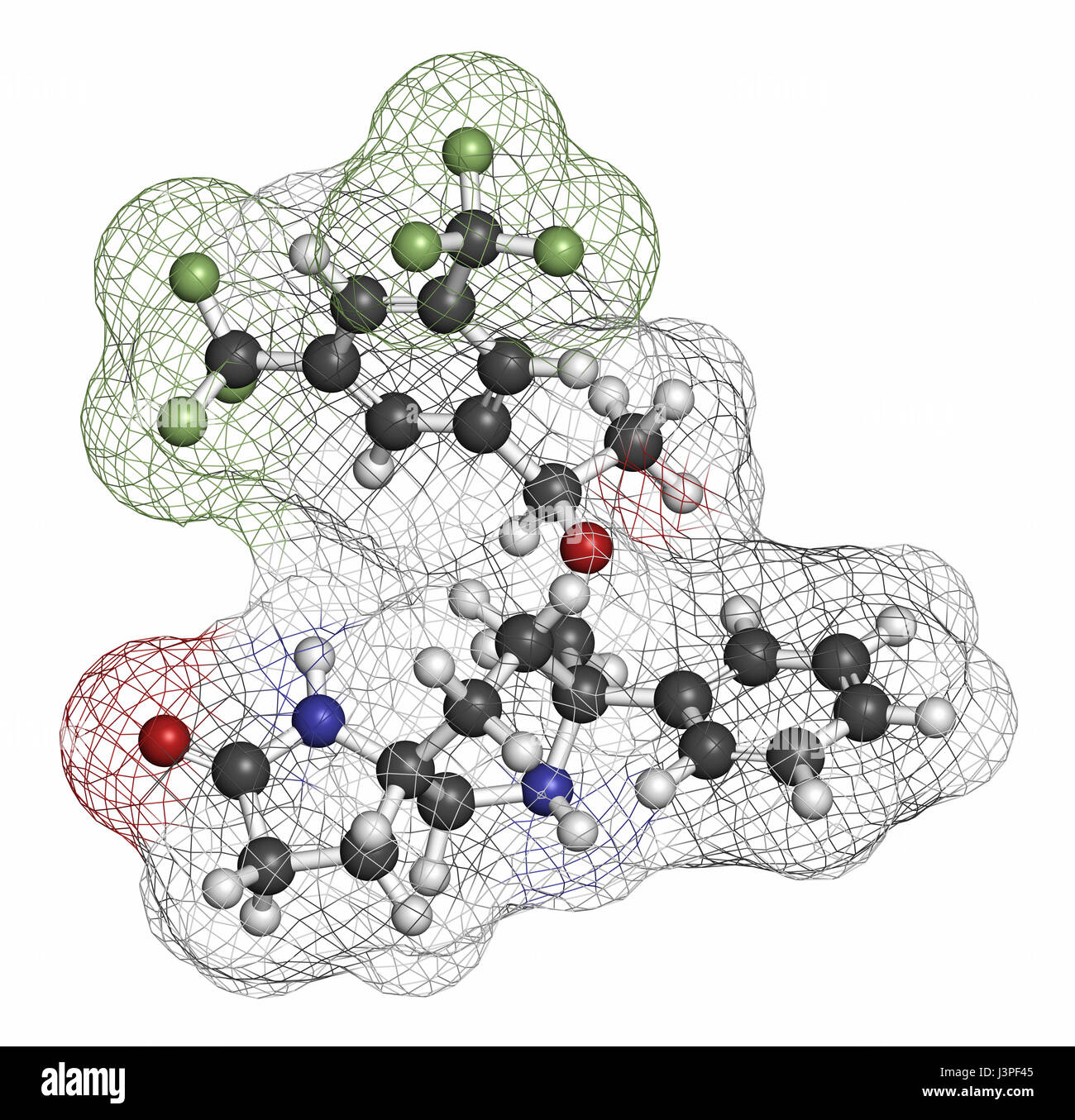 Rolapitant antiemetic drug molecule. Atoms are represented as spheres ...