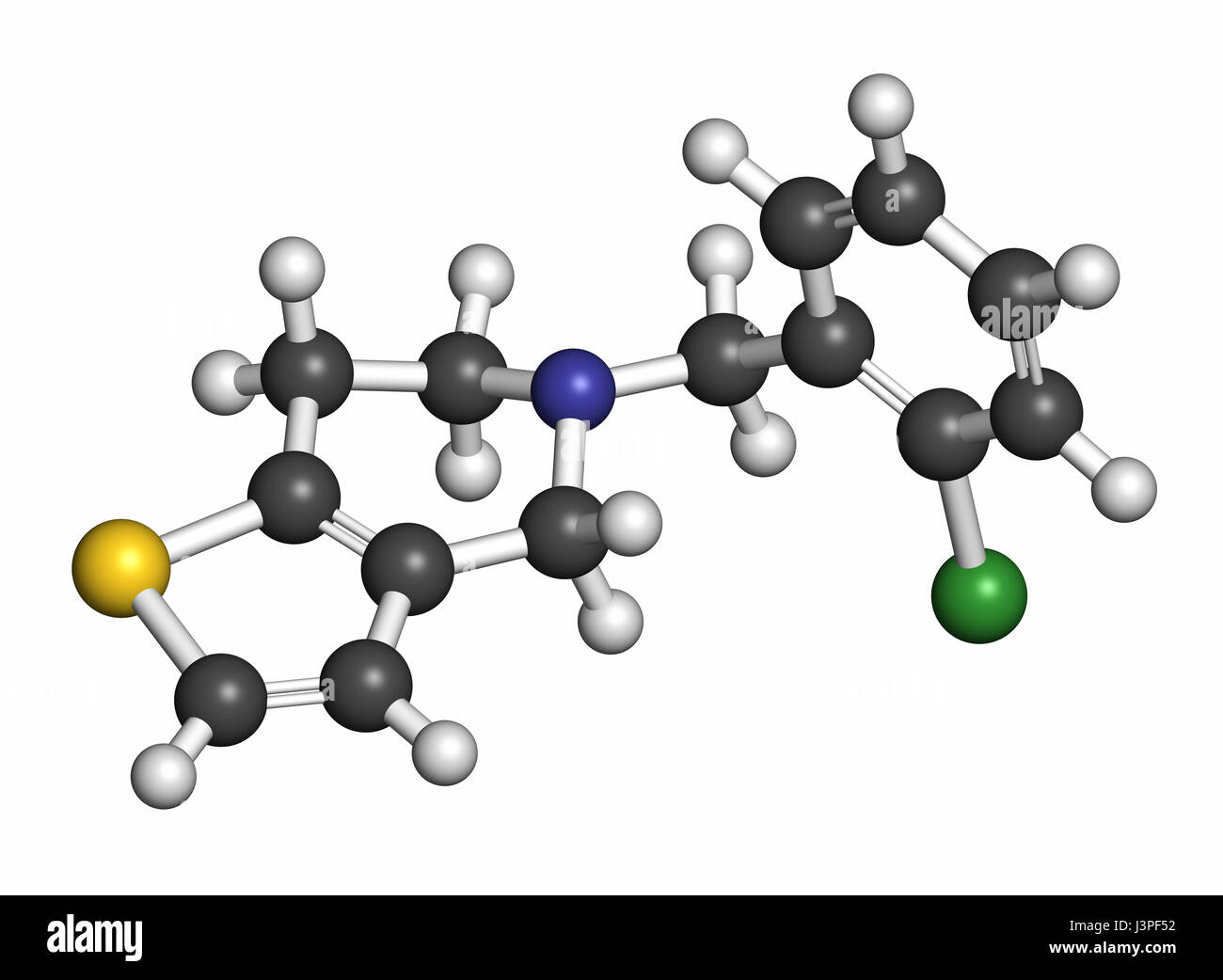 Ticlopidine antiplatelet drug molecule. Atoms are represented as ...