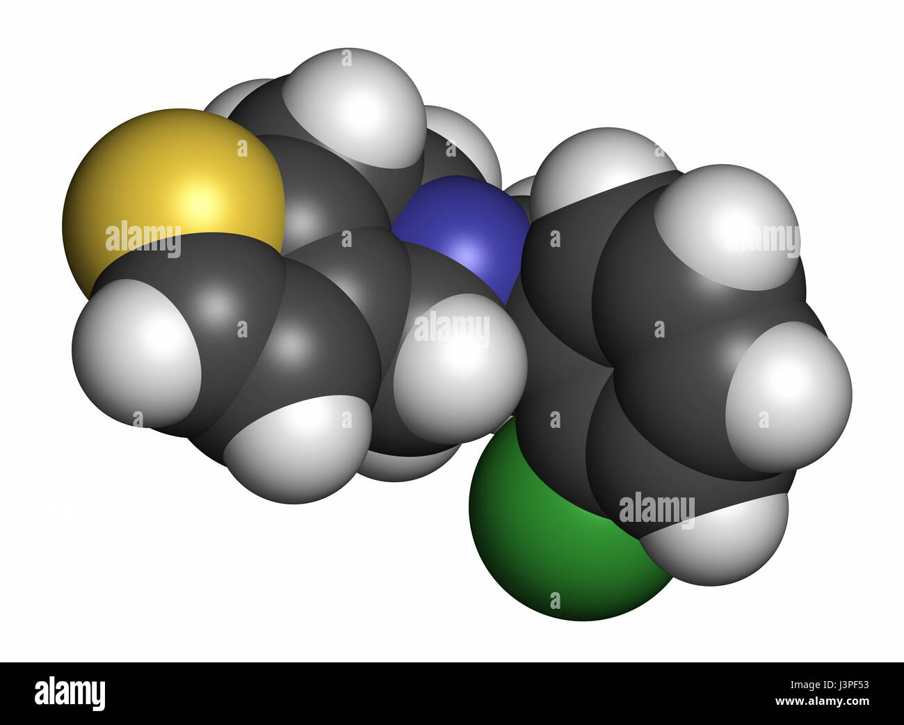 Ticlopidine antiplatelet drug molecule. Atoms are represented as ...