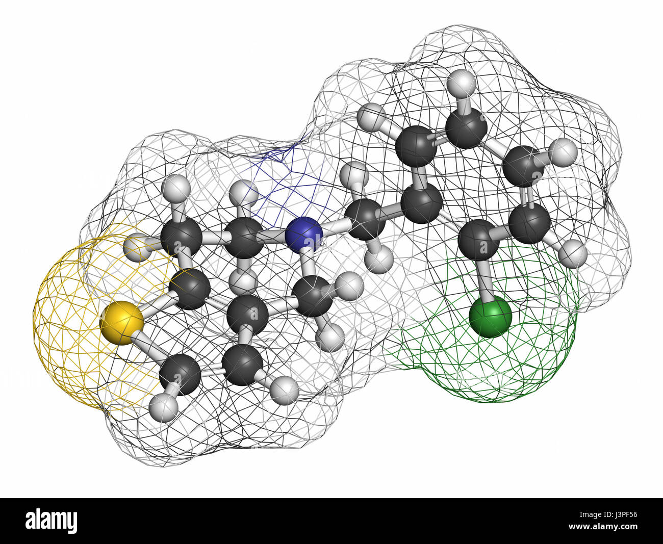 Ticlopidine antiplatelet drug molecule. Atoms are represented as ...