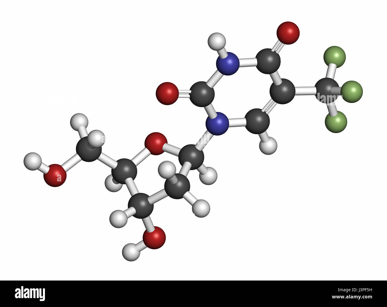 Trifluridine (trifluorothymidine, TFT) antiviral drug molecule. Atoms ...