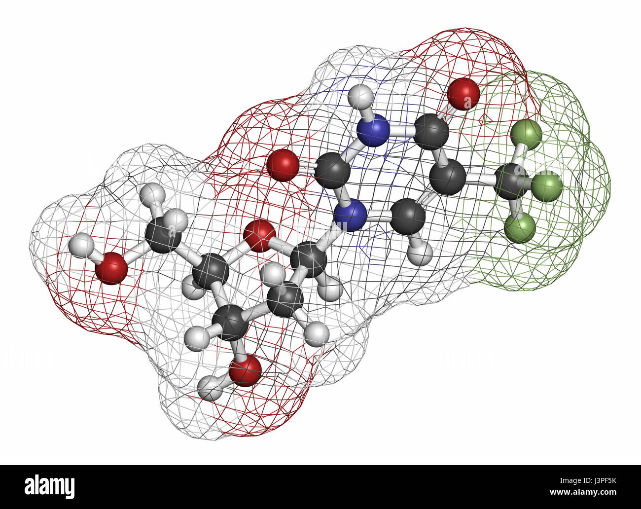 Trifluridine (trifluorothymidine, TFT) antiviral drug molecule. Atoms ...