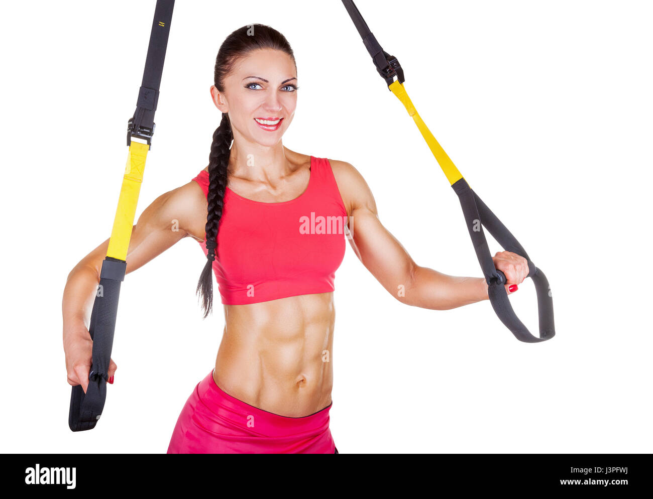 Athletic woman with functional loops for training isolated on white ...
