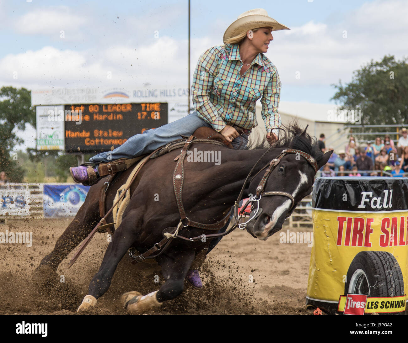 Barrel racing action at the rodeo in Cottonwood, California Stock Photo ...