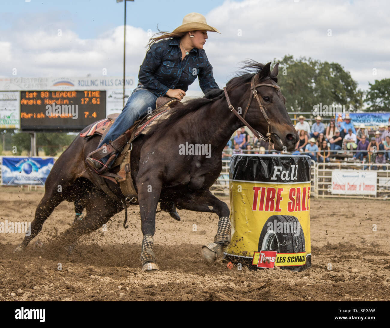 Barrel racing action at the rodeo in Cottonwood, California Stock Photo ...