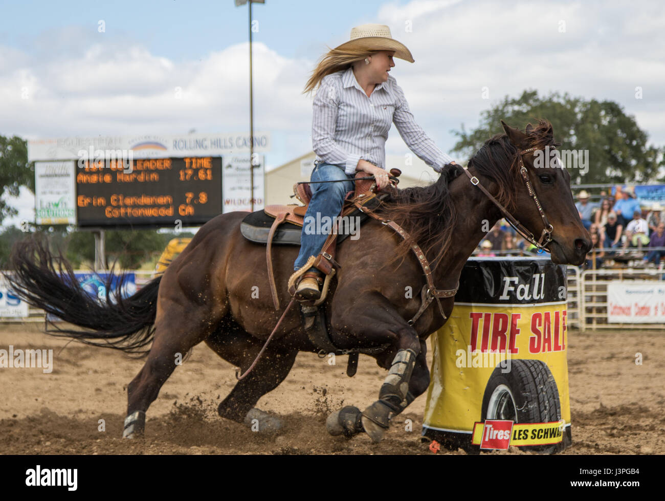 Barrel racing action at the rodeo in Cottonwood, California Stock Photo ...