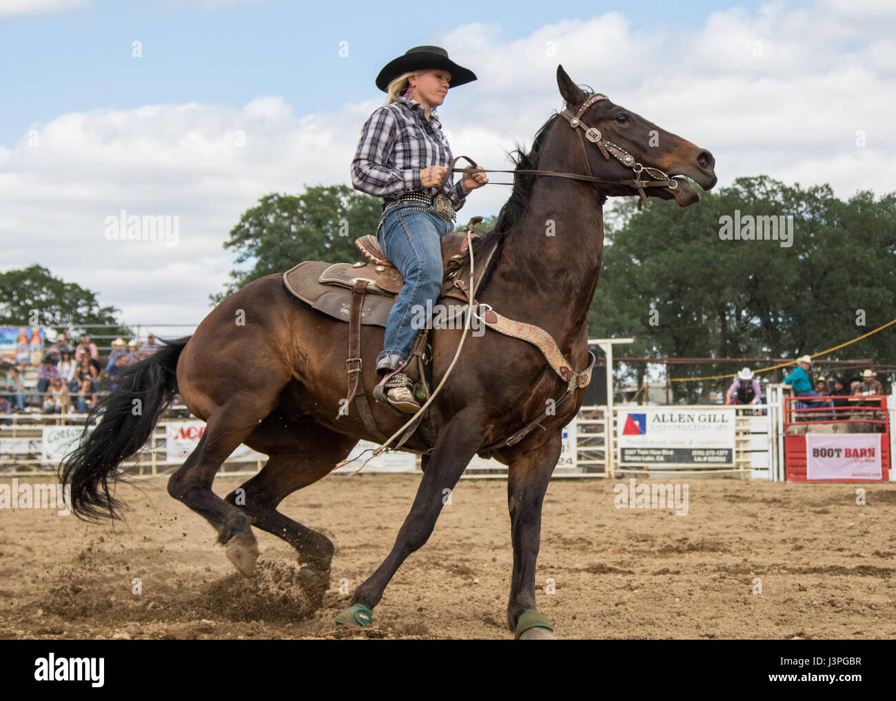 Barrel racing action at the rodeo in Cottonwood, California Stock Photo ...