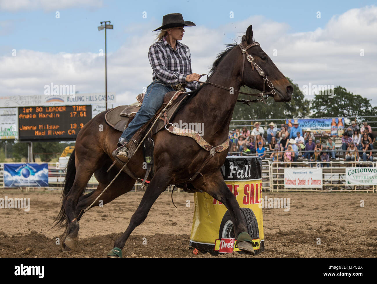 Barrel racing action at the rodeo in Cottonwood, California Stock Photo ...