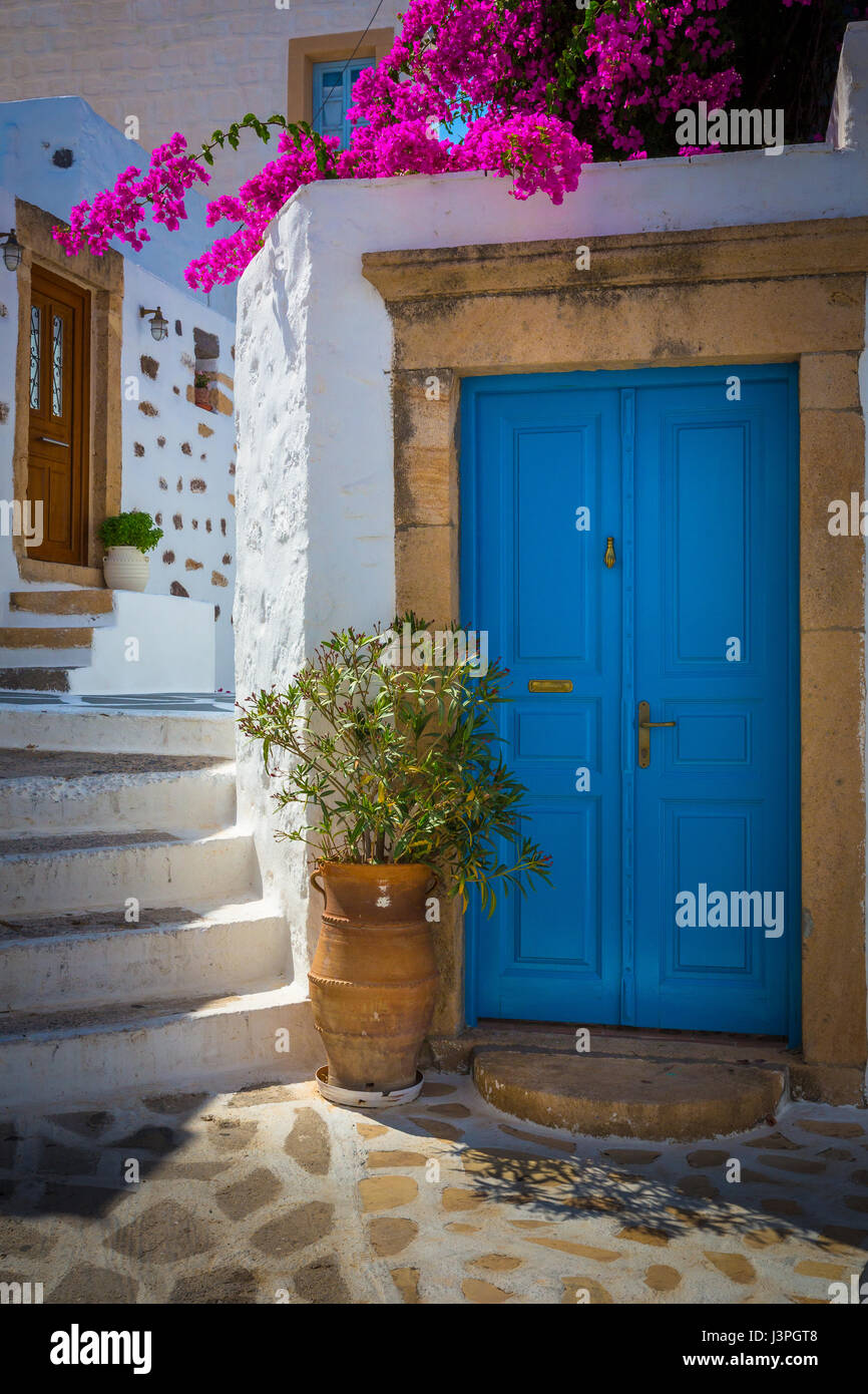 Doors and staircase in the Skala town of the greek island Patmos in the ...