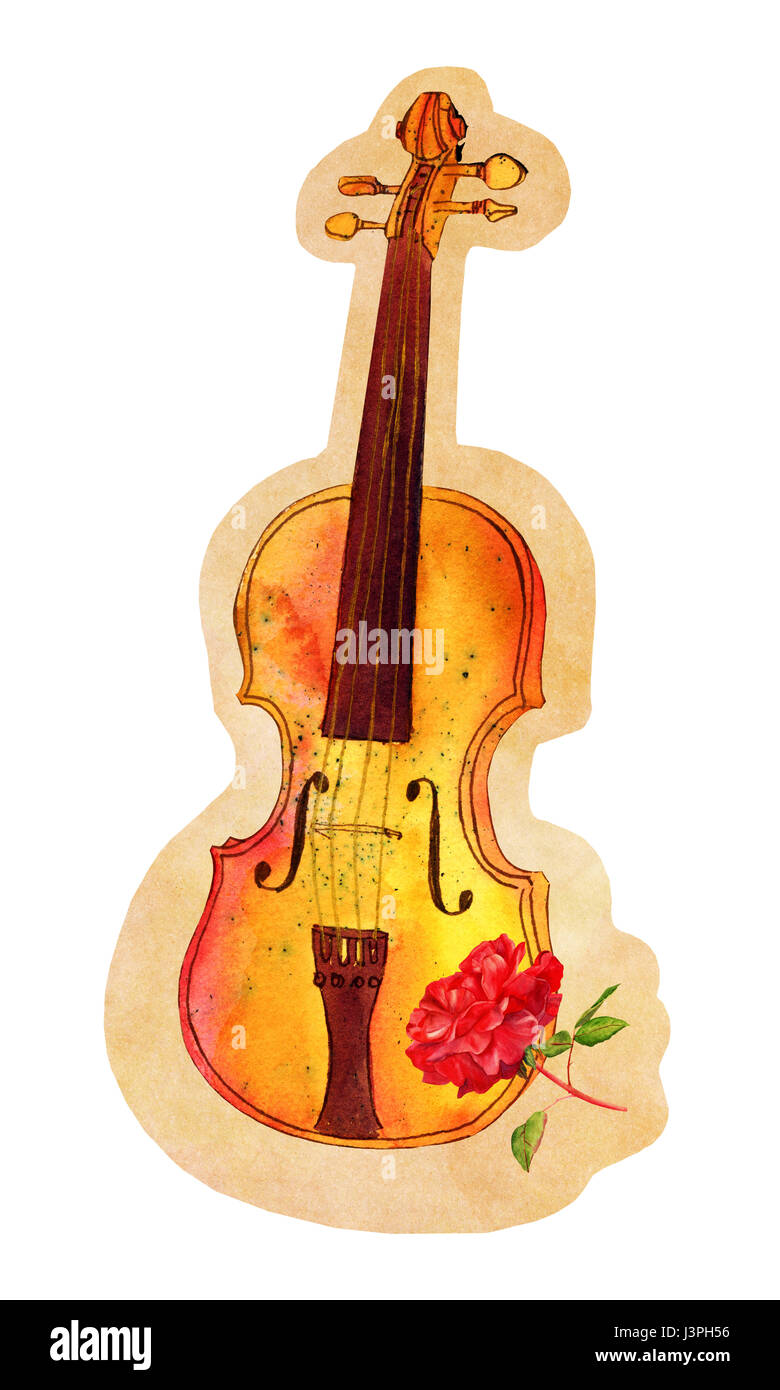 A cutout of a watercolour and ink drawing of a violin with a red rose ...