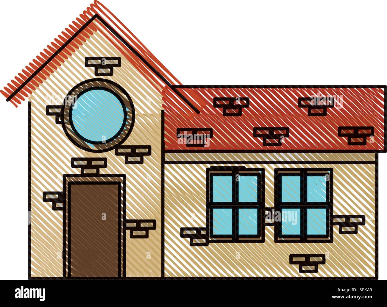 drawing house door round window brick residential Stock Vector Image ...