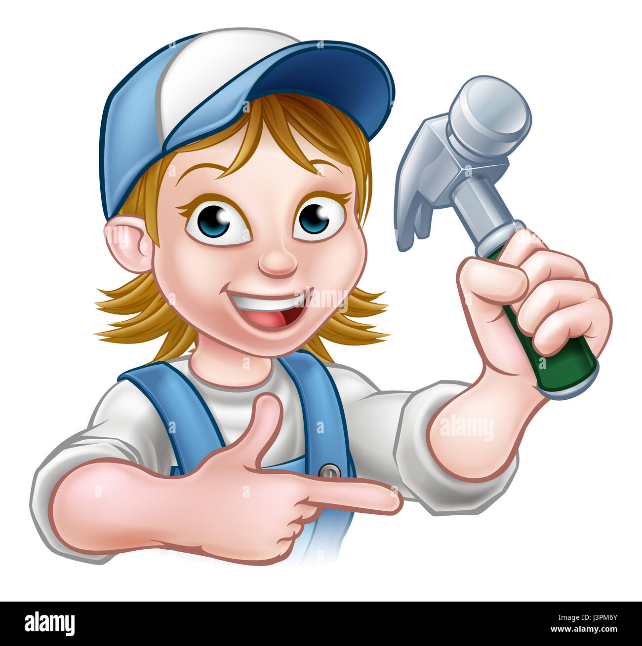 A woman carpenter cartoon character holding a hammer and pointing Stock ...