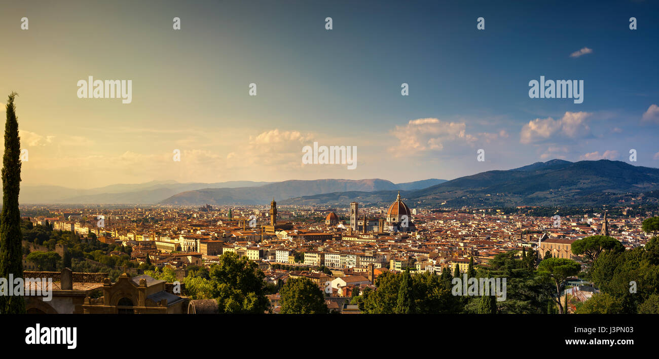 Florence or Firenze sunset aerial cityscape. Palazzo Vecchio and Duomo ...