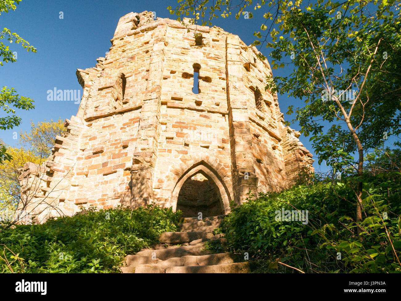 Summer sunshine on the outer wall and entrance of Mowbray Castle, Hackfall Wood,Yorkshire ...