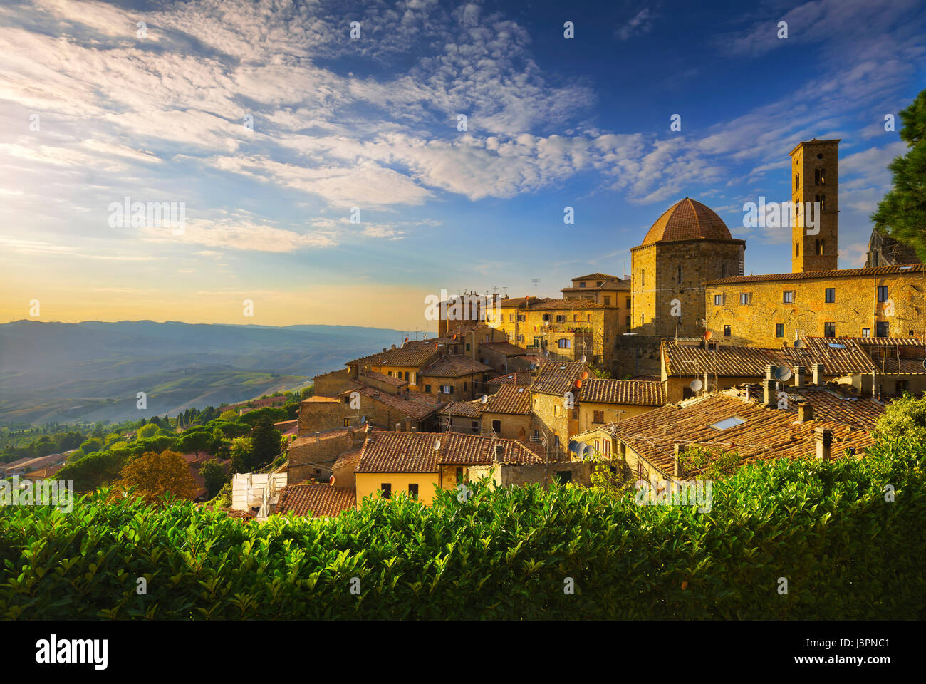 Tuscany, Volterra town skyline, church and panorama view on sunset ...
