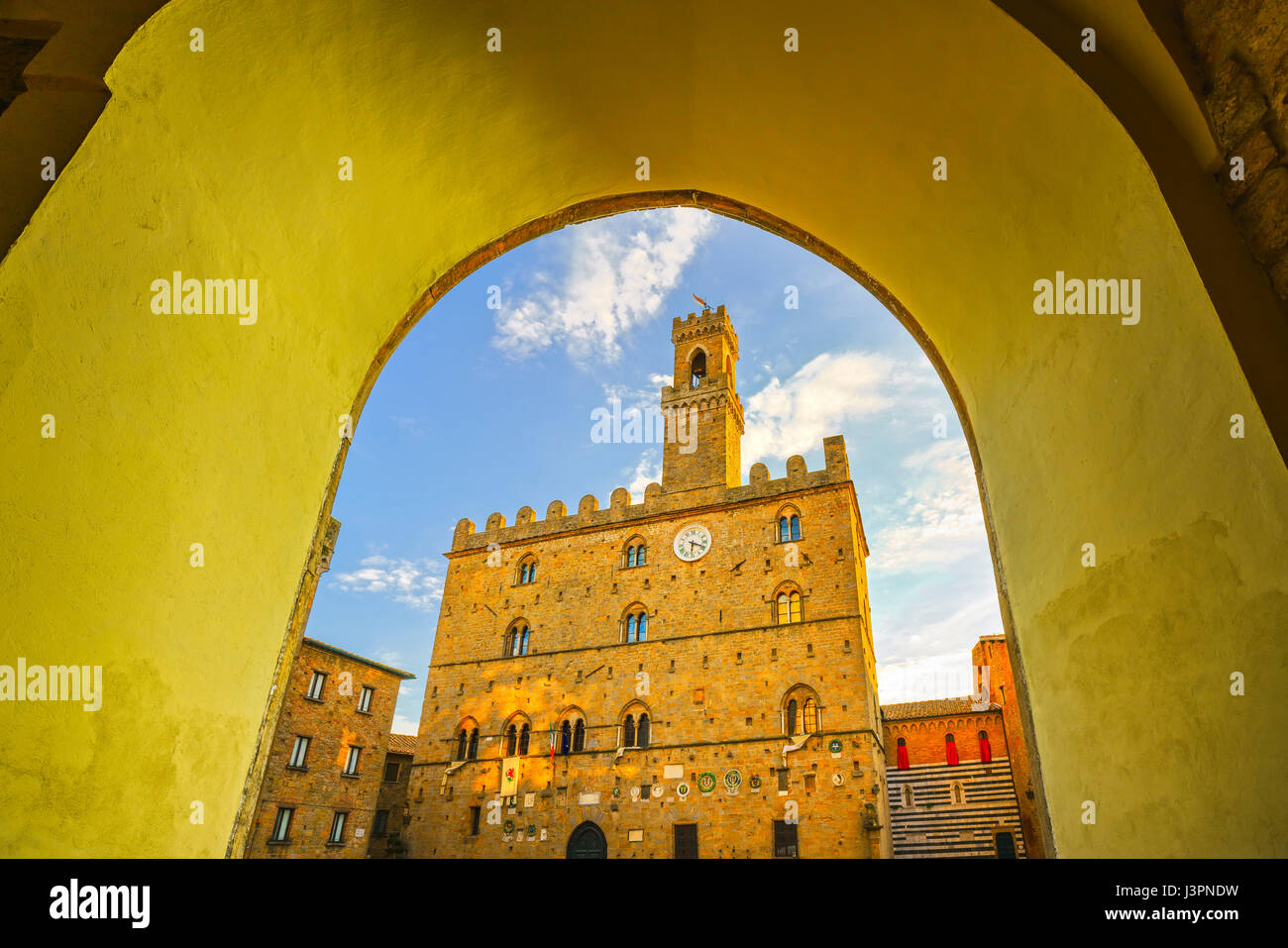 Volterra town, medieval palace Palazzo Dei Priori landmark, Pisa state ...