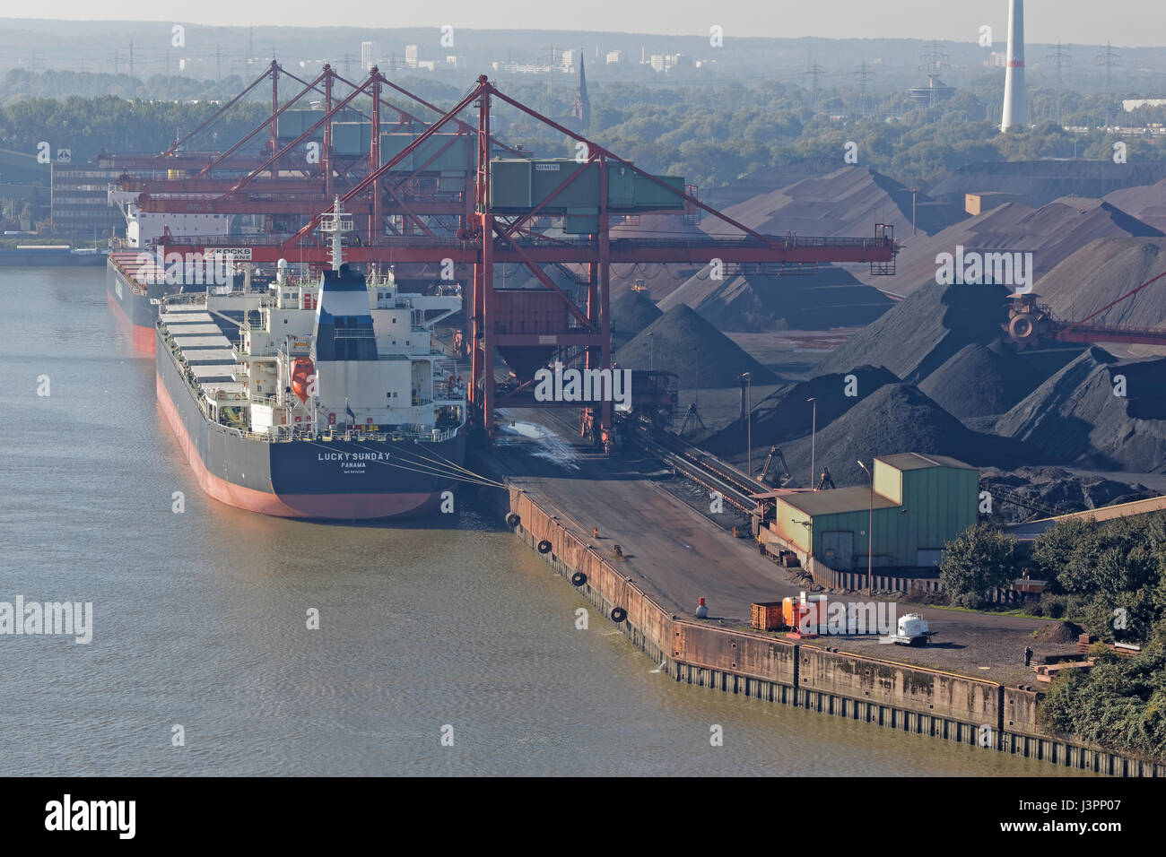 View from Köhlbrandbridge at coal port, Hansaport Hamburg, Germany ...