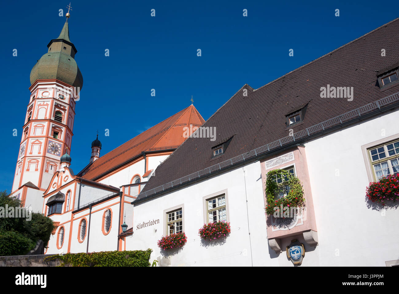 Church and tower, Andechs Abbey, Monastery of Andechs, Bavaria, Germany ...