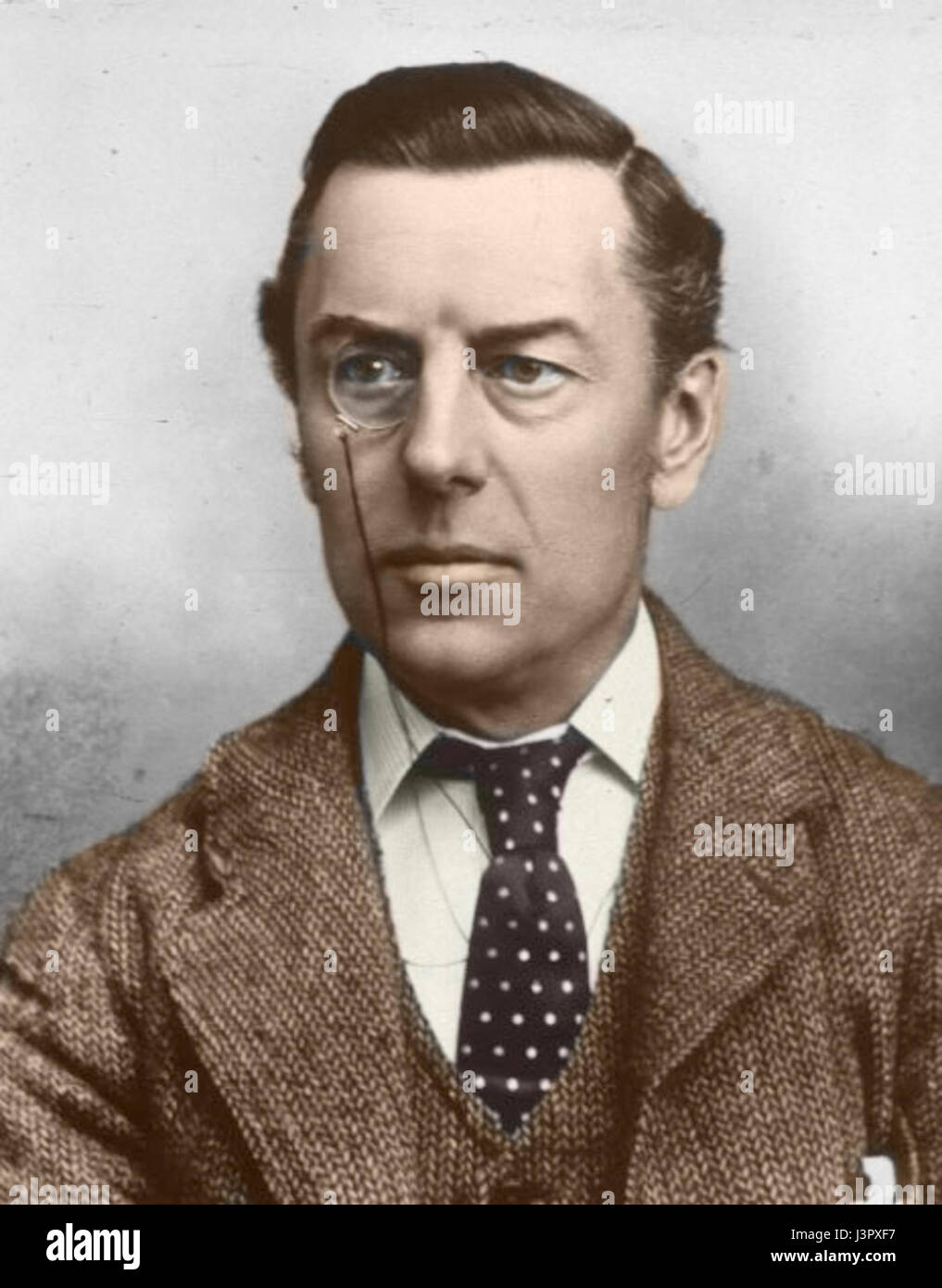This image represents a coloured portrait of Joseph Chamberlain, a ...