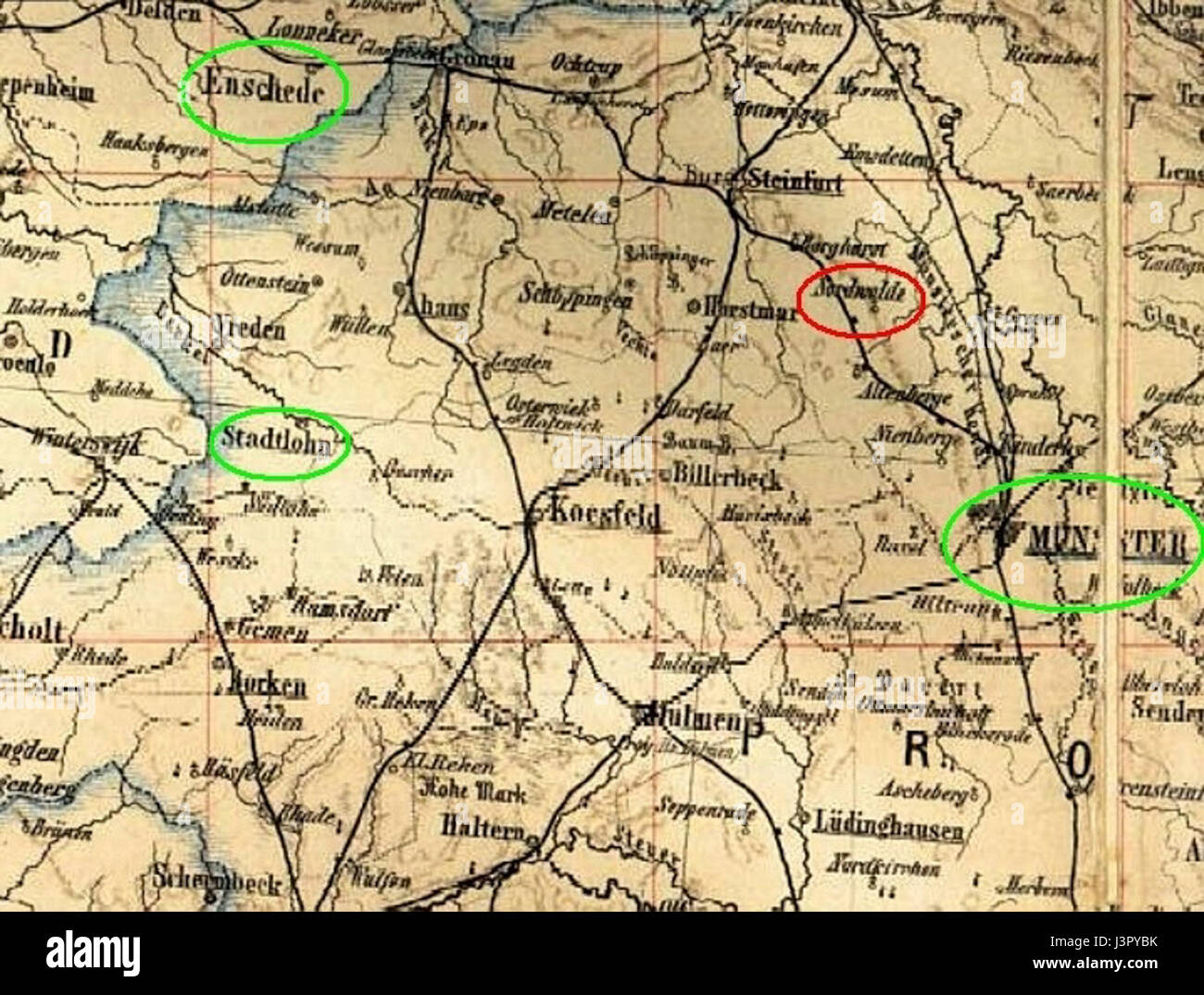 This map from 1883 shows the town of Nordwalde, Germany. It provides ...