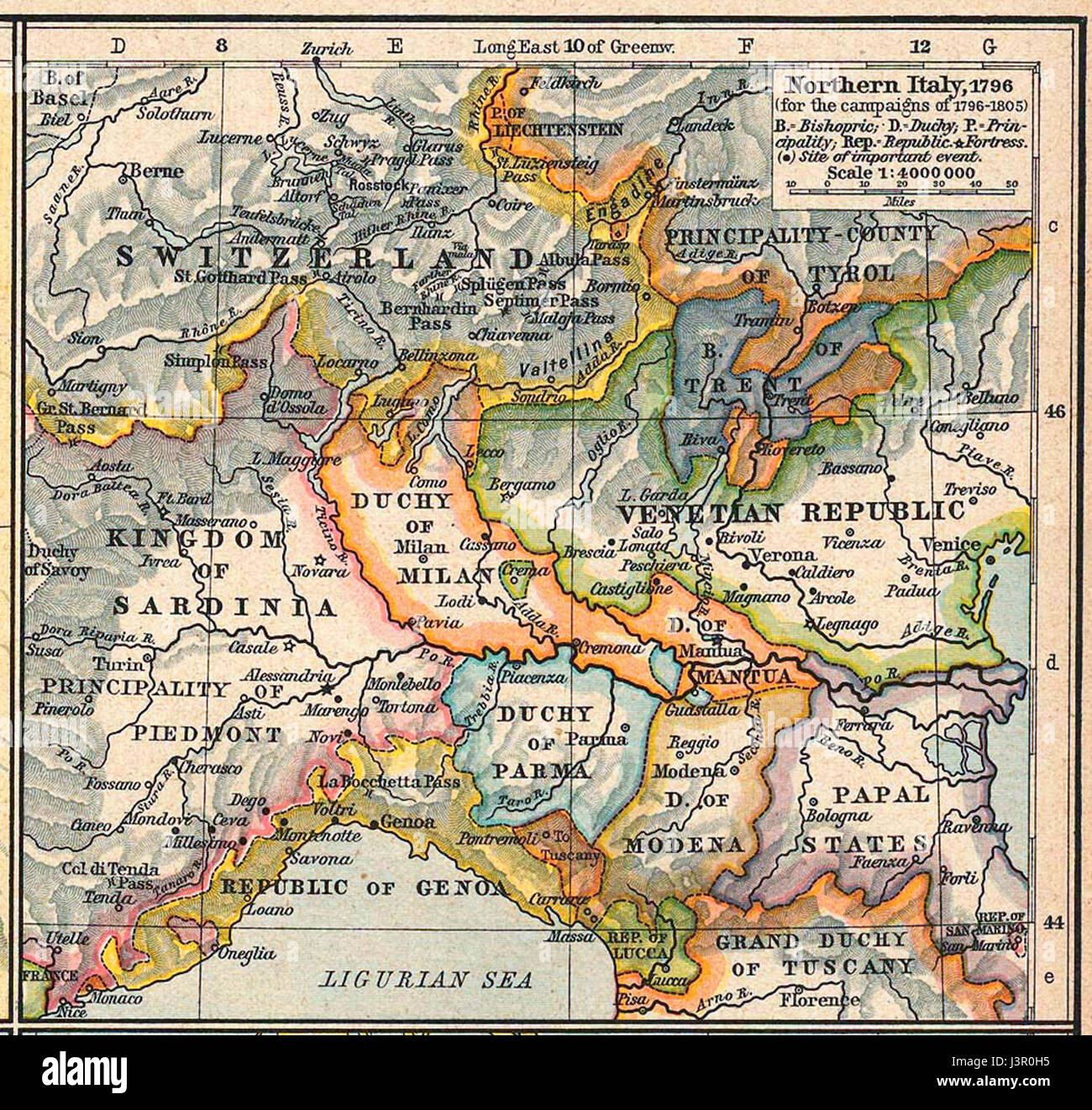 This historical map depicts northern Italy in 1796, showcasing the ...