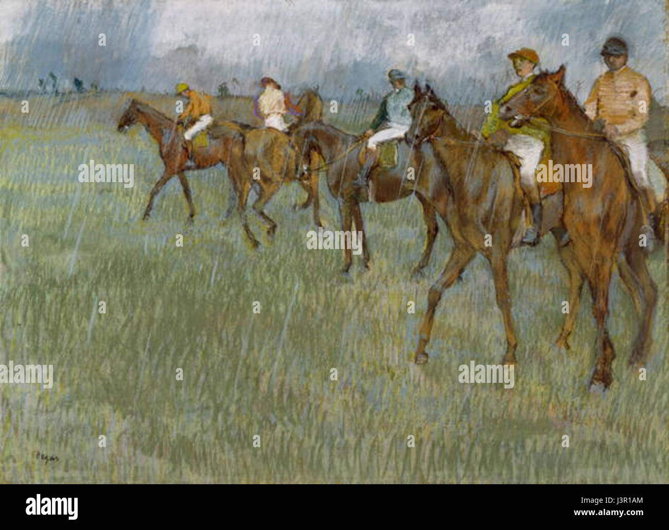 'Jockeys in the Rain' is a painting by Edgar Degas from 1886, depicting ...