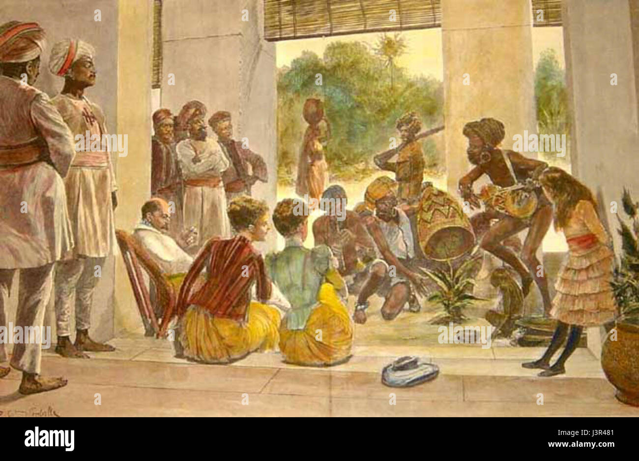 This artwork depicts Indian jugglers performing their craft, with the ...